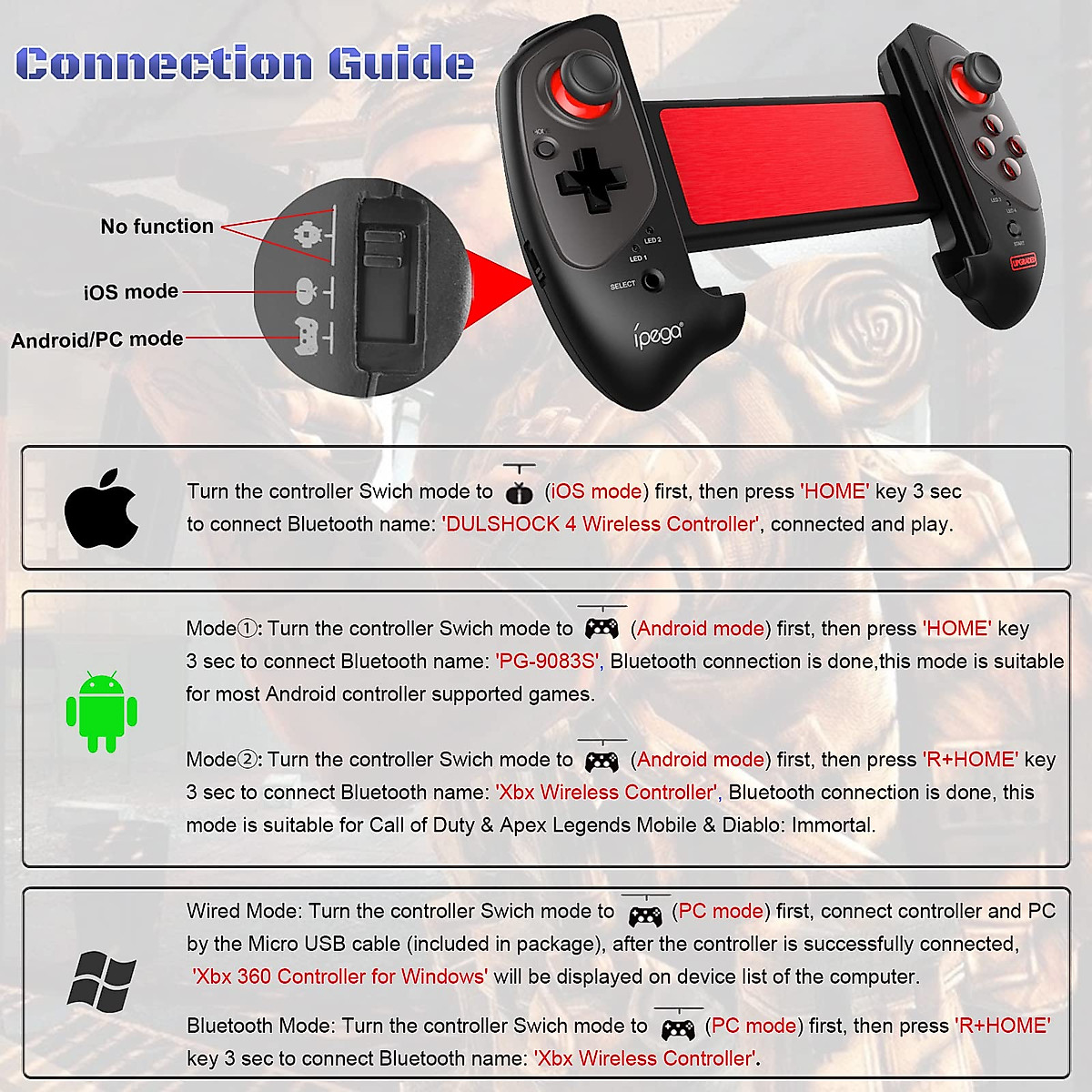 Megadream Wireless Mobile Controller Gamepad Joystick for iPad (11in), iPhone 16/15/14/13, Android Samsung Tablet PC - MFi Certified - 18+ Hour Battery Life - Call of Duty - Minecraft, Black