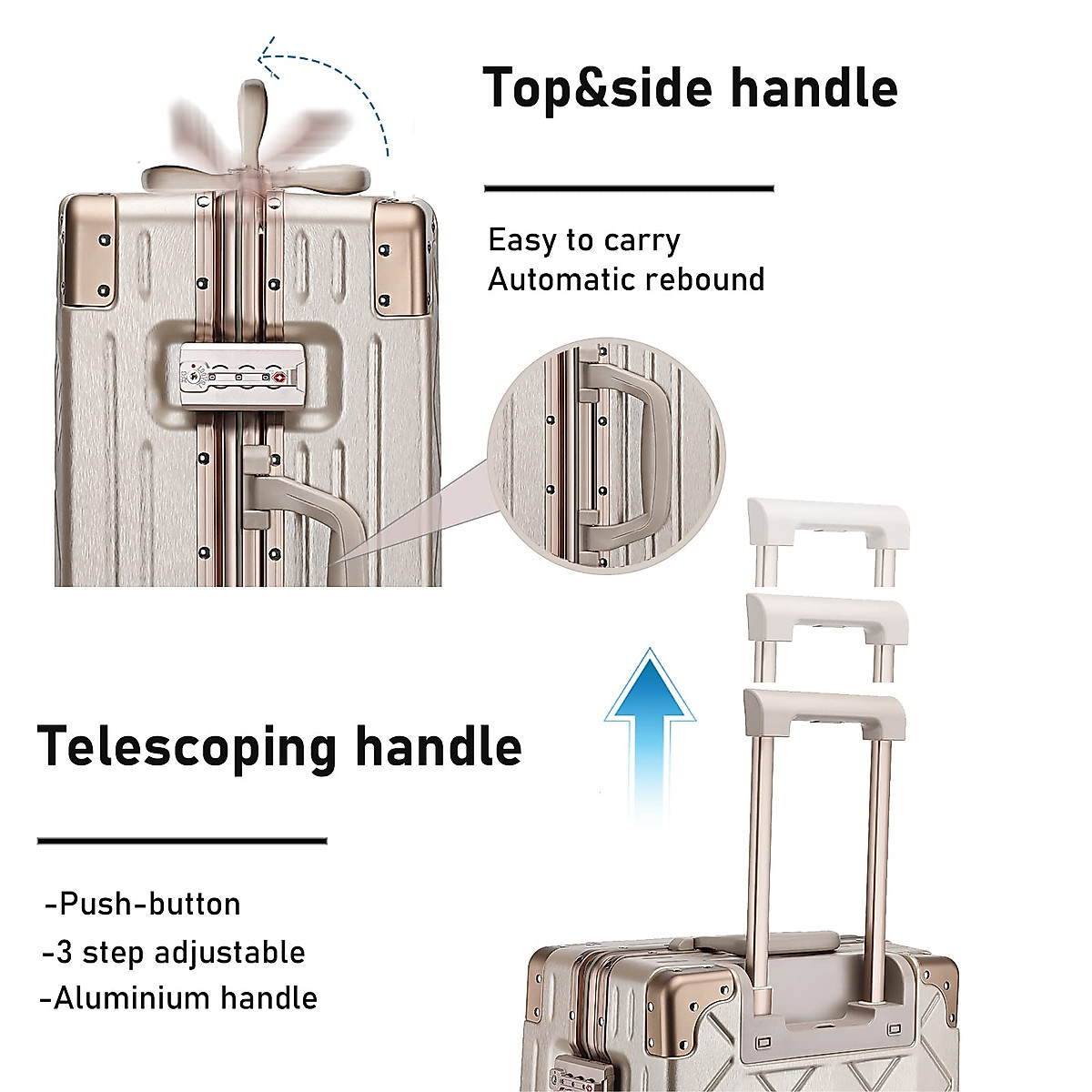 Somago Carry On Luggage with Spinner Wheels 20in Lightweight Suitcase Built in TSA Aluminum Frame PC Hardside Rolling Suitcases Travel Case (Titanium Gold)