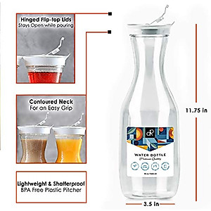 DecorRack 2 Large Water Carafes, Bottles with Flip Top Lid, 50 Oz Each, BPA Free- Plastic Juice Pitcher, Decanter, Jug, Serve Fridge Cold Iced Tea, for Outdoors, Picnic, Parties, NOT DISHWASHER SAFE