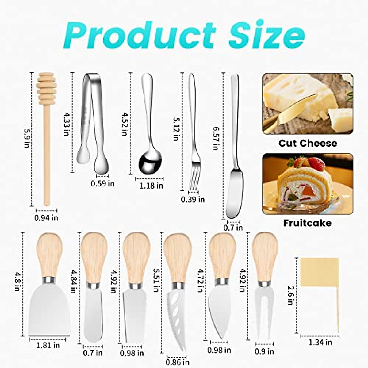 LifeMusican Wooden Cheese Spreader Knive Set,Wood Handle Butter knives For Cheese Charcuterie Board Accessories Kit, Mini Cheese Knife Slicer With Tongs, Spoons, Forks,Honey Dipper (23 Pack)