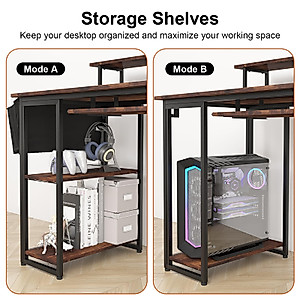 Wokerwie Gaming Desk with Led Lights & Power Outlets,Wooden Computer Desk with Fabric File Cabinet and Hook, 45 Inch Home Office Desk with Monitor Stand & Storage Sheves, Writing Desk, Brown