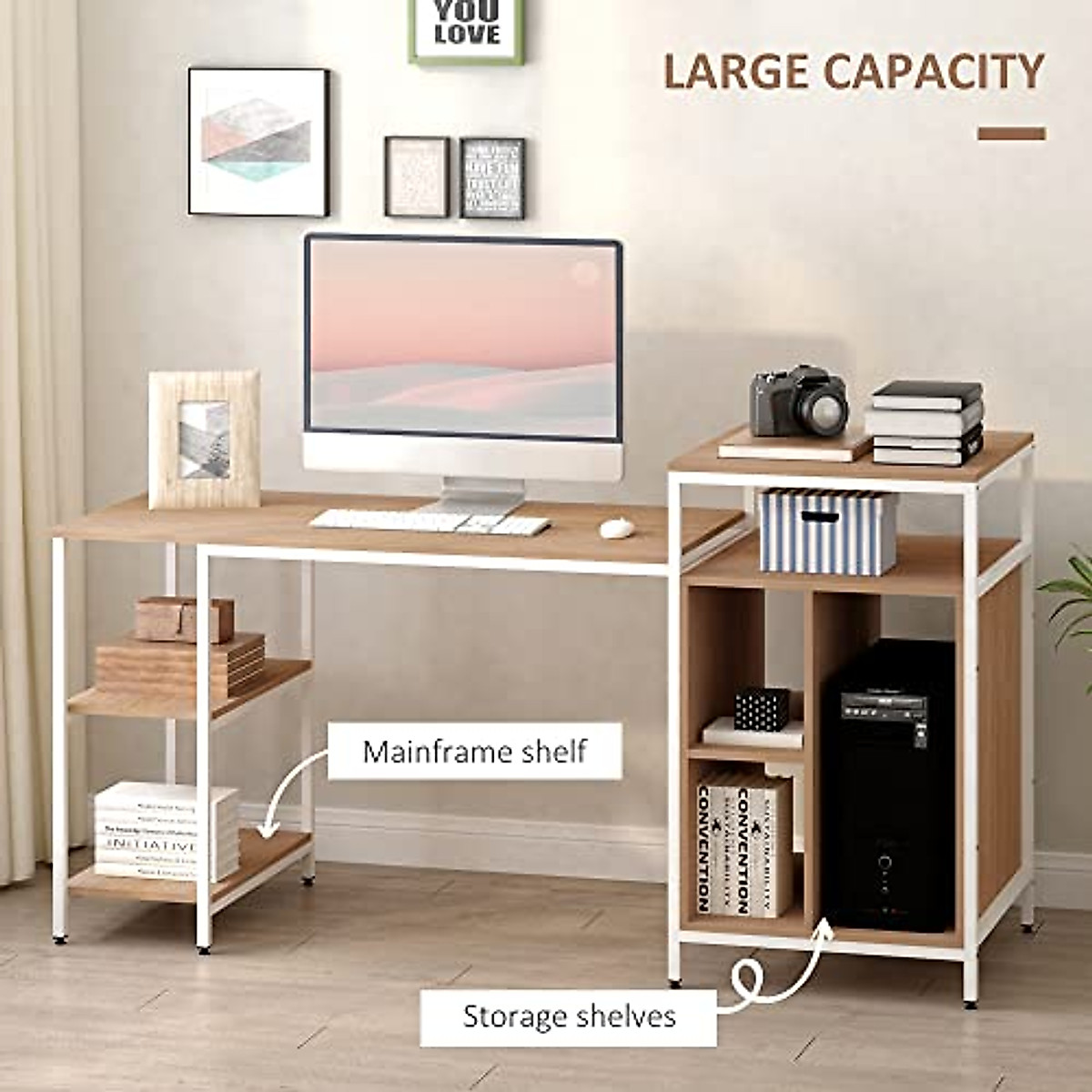 HOMCOM 68 Inch Office Table Computer Desk Workstation Bookshelf with CPU Stand, Spacious Storage Shelves & Chic Modern Woodgrain Design, Oak Wood Grain