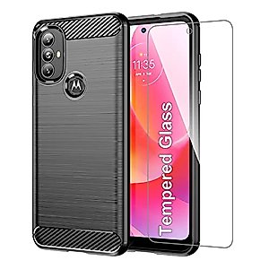 GSDCB Case for Motorola Moto G Power 2022 Case with Tempered Glass Screen Protector, Carbon Fiber Brushed Texture Soft Flexible TPU Slim Fit Shockproof Phone Cover for Women Men Girls Boys (Black)