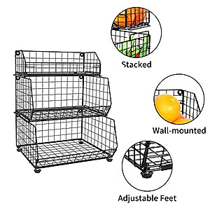 Fruit Vegetable Basket 3-Tier Stackable Fruit Bowl Wall-mounted Countertop Wire Storage Detachable Bin for Potato Onion Tomato Storage Kitchen Organizer Pantry Baskets Cabinet With Adjustable Feet