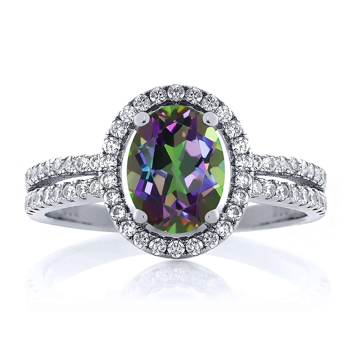 Gem Stone King 925 Sterling Silver 8X6MM Oval Gemstone Birthstone Split Shank Double Halo Engagement Ring | Wedding Band Anniversary Promise Ring For Women