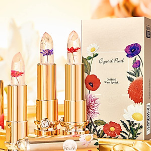 Mrettick 3 Colors Crystal Flower Jelly Lipstick Set,Magic Temperature Color Changing Lip Gloss PH Lipstick Color Changing Jelly Lipstick Waterproof Moisturizer Lip Balm (#1+#2+#3)