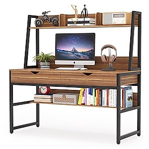 Tribesigns Large Computer Desk with Bookshelf and Drawers, Writing Desk Gaming Gamer Table with Storage and Hutch, 47 “Wood and Metal Craft Table for Home Office
