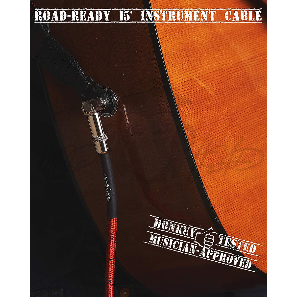 Mophead 15-Foot Guitar Instrument Cable - 1/4 Inch TS to 1/4 Inch TS Right Angle Pro Grade Double Insulated Tweed Braided for Electric Guitar, Bass, Amp, Keyboard (Red with Black Stripe)