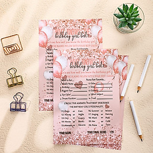 Leinuosen Who Knows The Birthday Girl Best Card, 50 Pcs Birthday Party Game Set Girly Pink Rose Gold Sprinkles Themed Birthday Cards with 10 Pre Pointed Pencils for Teen Girls Sweet Sleepover Party