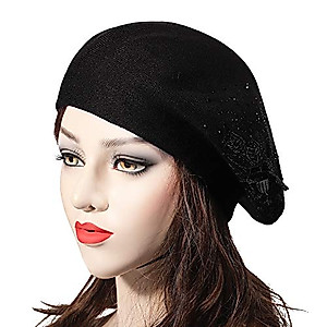 ZLYC Womens French Beret hat, Reversible Solid Color Cashmere Mosaic Warm Beret Cap for Girls (Flower Black)