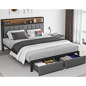CIKUNASI Queen Size Bed Frame with Headboard and Storage, Drawers Platform Bed Frame with Storage Chargin Station LED Light Bed Frame, Heavy Duty, No Box Spring Needed