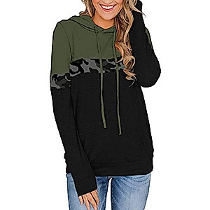 LERUCCI Womens Casual Long Sleeve Hoodie Sweatshirts Color Block Drawstring Pullover Shirts Tops with Pockets Camouflage Army Green Medium
