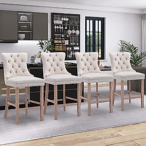 JETEAGO Bar Stools Set of 4, Velvet Upholstered Bar Stool for Kitchen Island, Counter Stools with Nailhead Trim, Beige