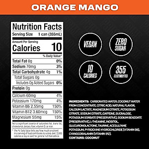 PRIME Energy ORANGE MANGO | Zero Sugar Energy Drink | Preworkout Energy | 200mg Caffeine with 355mg of Electrolytes and Coconut Water for Hydration| Vegan | Gluten Free |12 Fluid Ounce | 24 Pack