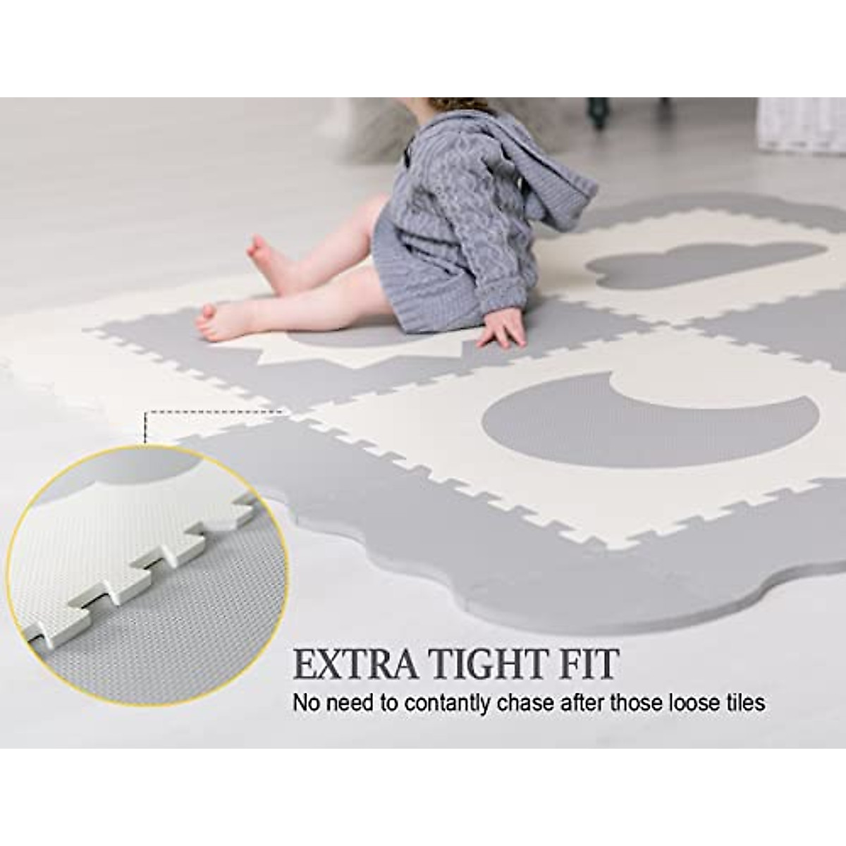 Baby Play Mat Tiles - 61" x 61" Extra Large, Non Toxic Foam Baby Floor Mat - Grey & White Interlocking Playroom & Nursery Playmat - Safe & Protective for Infants & Toddlers (Grey)