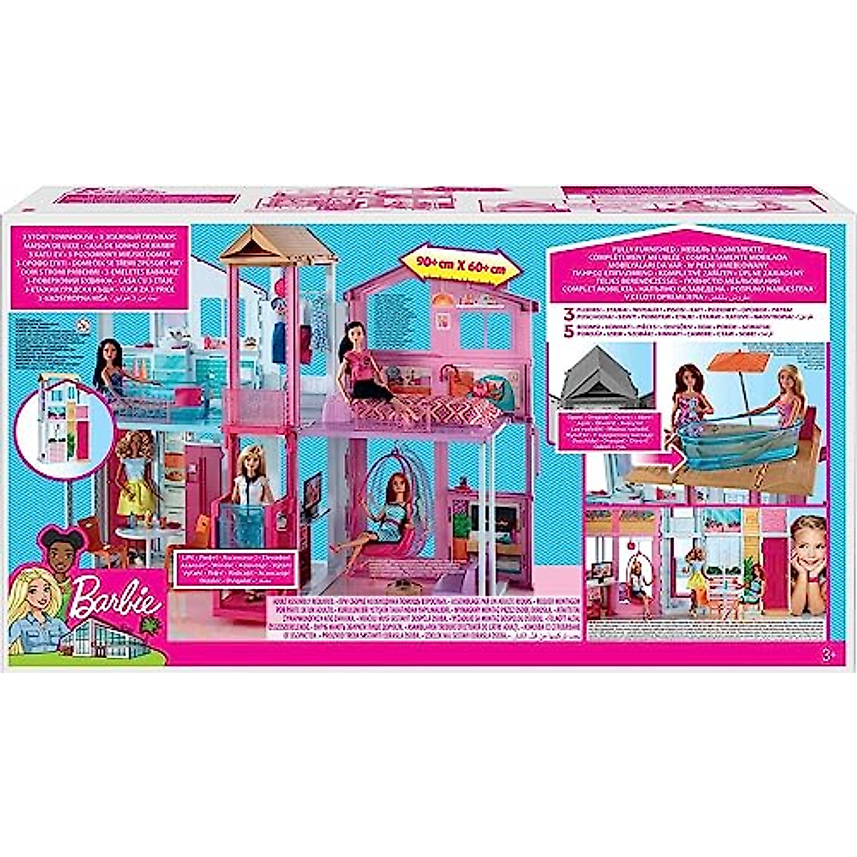 Barbie Doll House, 3-Story Townhouse with 4 Rooms & Rooftop Lounge, Furniture & Accessories Including Swinging Chair (Amazon Exclusive)