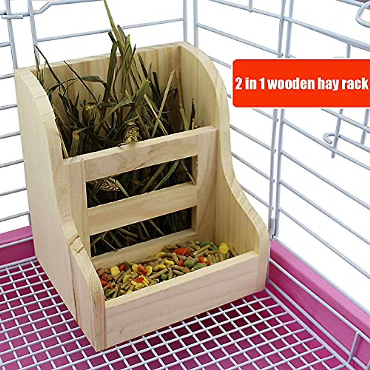 Rabbit Hay Feeder Rack,Wooden Grass Bin,Food Feeding Rack,Bunny Water Bottles Dispenser for Small Animal Supplies Rabbit Chinchillas Guinea Pig (2 Pcs)
