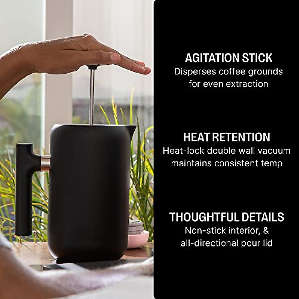 Fellow Clara Coffee Press Coffee Maker - Portable French Press Stainless Steel - Insulated French Press Coffee Maker with Enhanced Filtration System - 24 oz Carafe - Matte Black