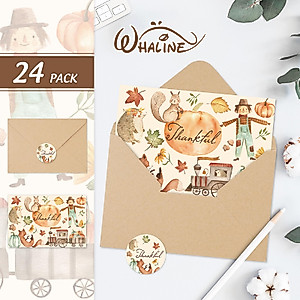 Whaline 24 Packs Fall Thankful Cards Watercolor Little Pumpkin Greeting Cards Autumn Animal Blank Note Cards with Envelopes and Stickers for Thanksgiving Baby Shower Birthday Party, 4 x 6 Inch