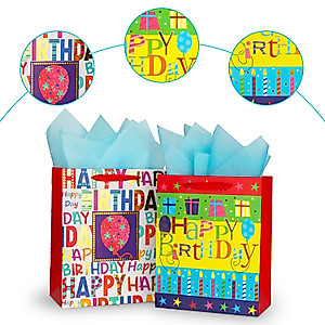 2-Pack 12.6" Large Happy Birthday Gift Bags for Birthday Party with Tissue Paper