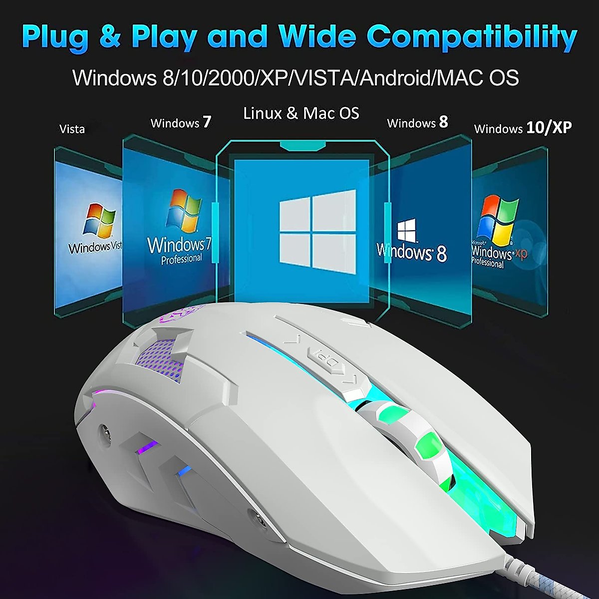 aMZCaSE Wired Mouse, RGB Optical Computer Mouse, USB Corded Mouse with 6 Buttons, 7200 DPI Adjustable Office and Home Wired Gaming Mouse for Laptop Windows PC Desktop Notebook-White