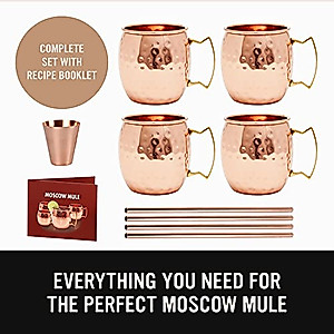 will's Moscow Mule Copper Mugs - Set of 4-100% Pure Solid Copper Mugs - 16 oz Premium Gift Set with 4 Cocktail Copper Straws, Shot Glass and Recipe Booklet
