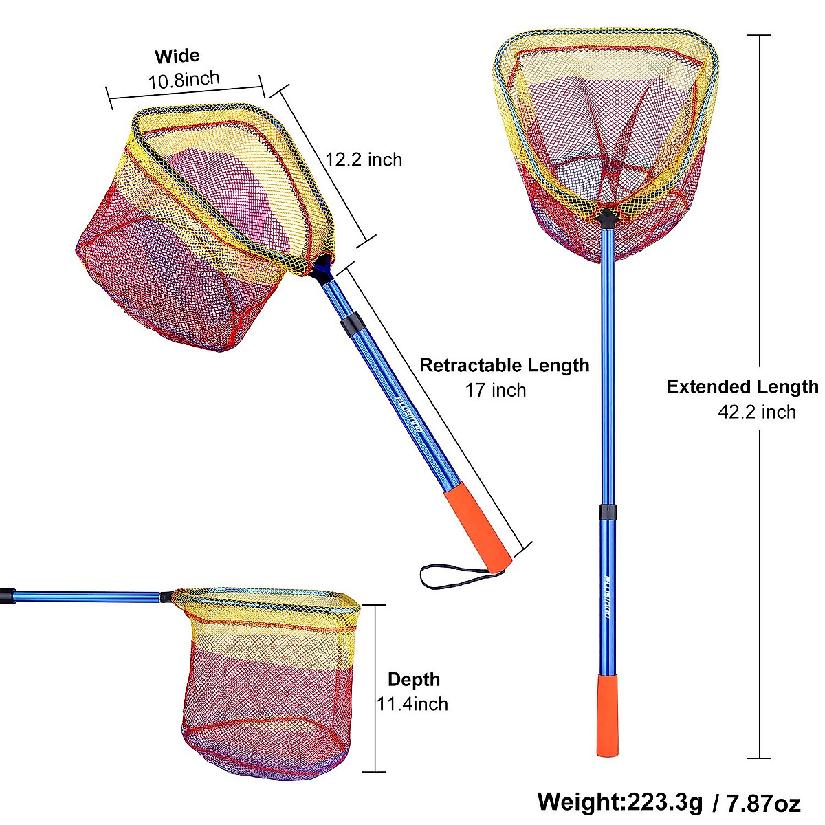 PLUSINNO Kids Fishing Net, Telescopic Lightweight Landing Net with Aluminum Pole Handle and Nylon Mesh, Catch and Release Butterfly Net for Kids Youth Outdoor (1 Pack-Blue)