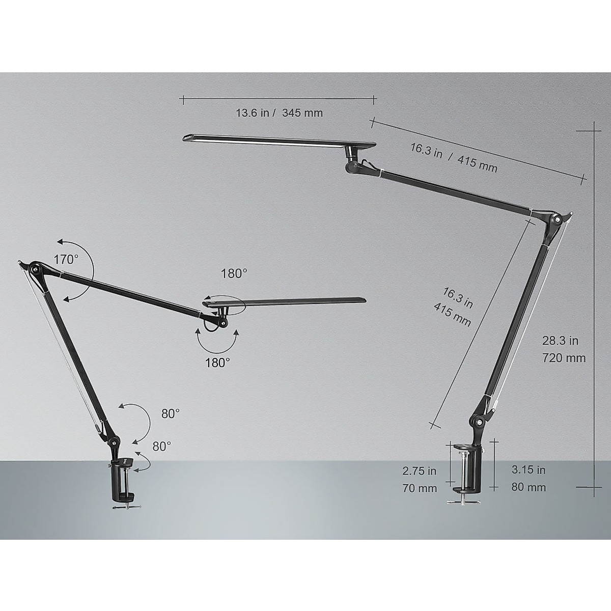 PHIVE LED Desk Lamp, Architect Task Lamp, Metal Swing Arm Dimmable Drafting Table Lamp with Clamp (Touch Control, Eye-Care Technology, Highly Adjustable Office, Craft, Studio, Workbench Light) Black