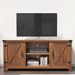 Farmhouse TV Stand for 65 Inch TV, Mid Century Modern Television Stand Entertainment Center for Living Room Bedroom, TV Console Table with Double Barn Doors and Storage Cabinets (Walnut)