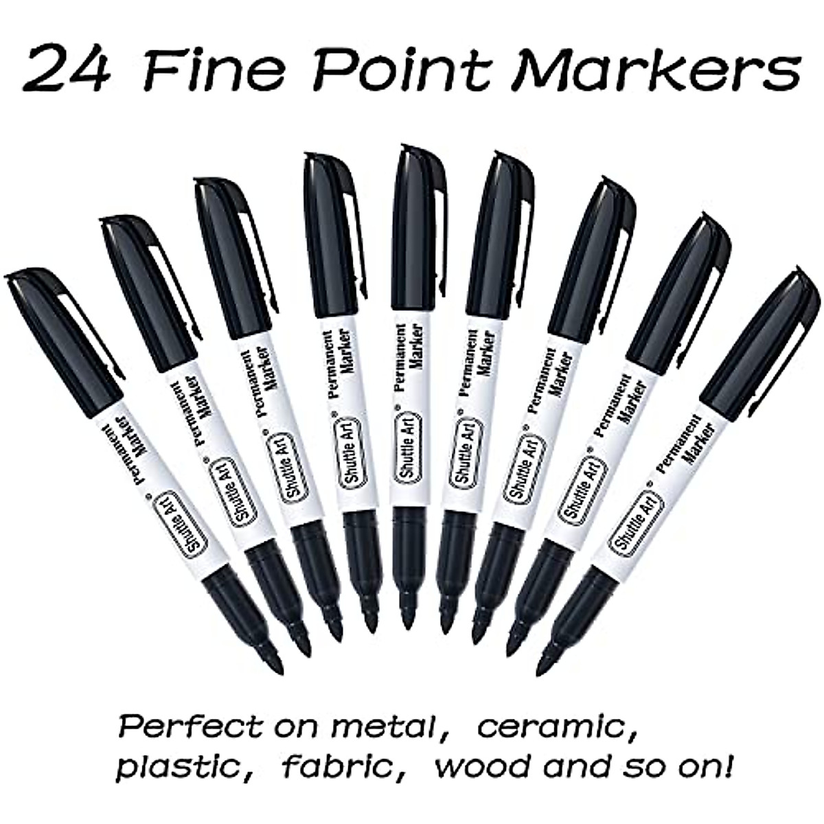 Permanent Markers,Shuttle Art 24 Pack Black Permanent Marker set,Fine Point, Works on Plastic,Wood,Stone,Metal and Glass for Doodling, Marking