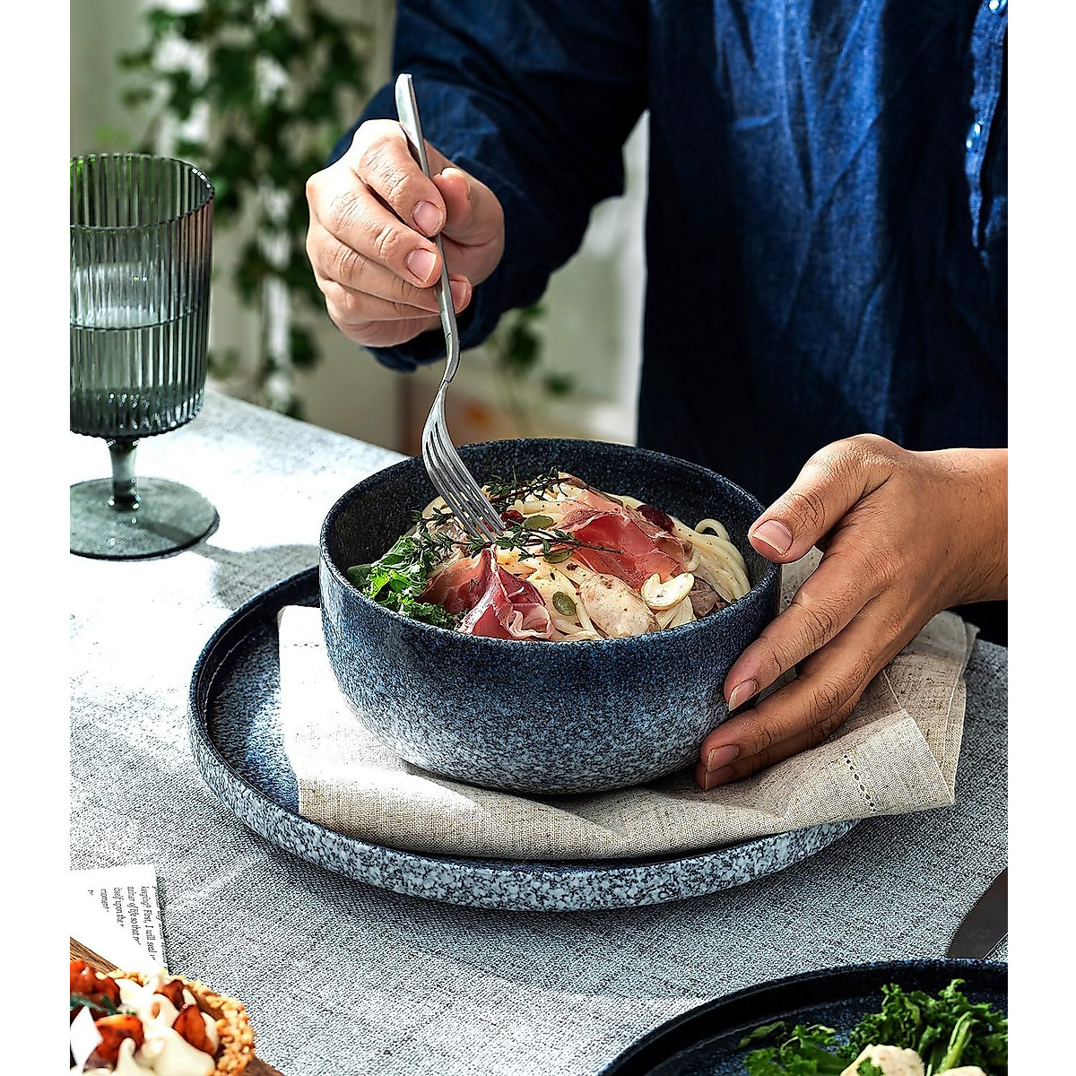 S&Q'S CERAMICS Cereal Bowls - 36 Ounce Ceramic Bowls, Japanese Noodle Bowl Set, Ceramic Bowls for Kitchen, Breakfast, Oatmeal, Microwave and Dishwasher Safe, [Set of 4], Dark Blue