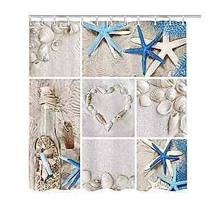 Amagical Blue Starfish Seashell Conch 16 Piece Shower Curtain Bathroom Mat Set Wishing Bottle Love Stone Design Bath Mat Contour Mat Toilet Cover and Shower Curtain with 12 Hooks