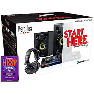Hercules DJ Starter Kit with DJ Control Starlight, DJMonitor 32, HDP DJ M40.1 Headphones, & Serato DJ Lite + On-Stage Computer Laptop Audio Mixer, Lighting Controller, Midi Controller Stand