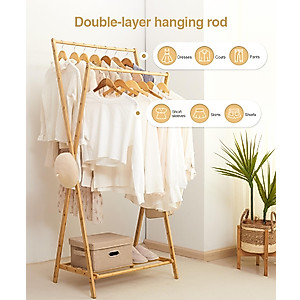 Cozivolife Bamboo Clothes Rack with Storage Shelf, Portable Garment Rack Clothing Racks for Hanging Clothes, Foldable Wardrobe Storage Rack for Entryway and Bed Room (Natural)