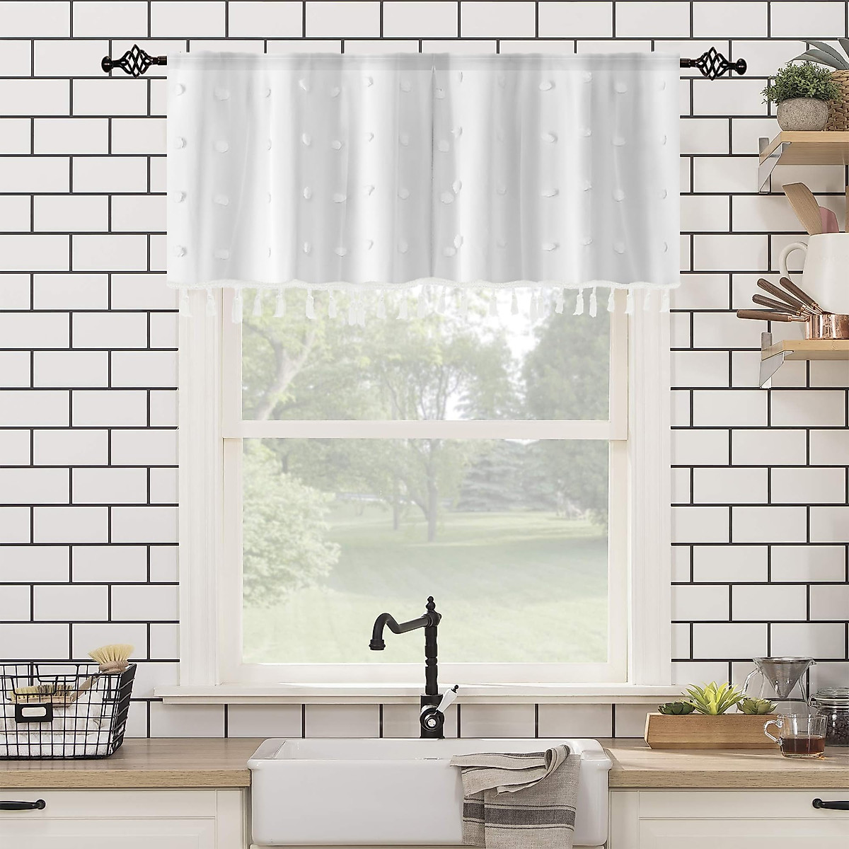 Visioun Boho White Curtain Topper Tassels Valance Window Cafe Treatment Tufted Pleat Floral Puffs Textured Simple Rod Pocket Kitchen Window Drapes for Bathroom Bedroom Living Room 1 Panel (52x18 Inch)