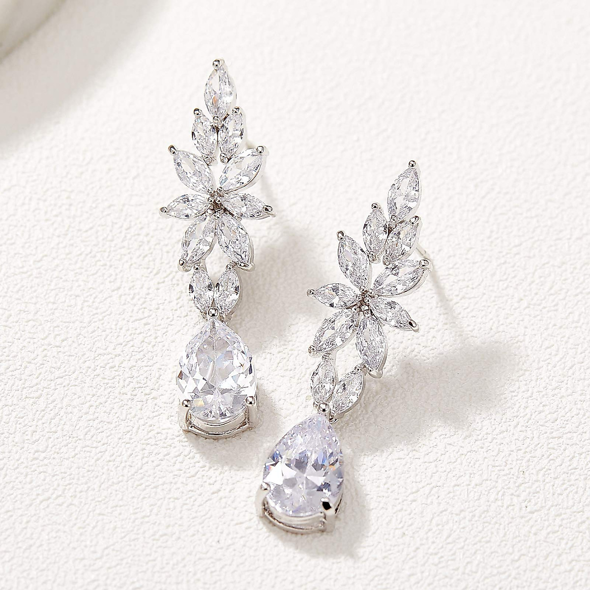 SWEETV Marquise Wedding Earrings for Women Brides Birdesmaids, Silver Crystal Cubic Zirconia Bridal Drop Earrings for Wedding Prom Jewelry