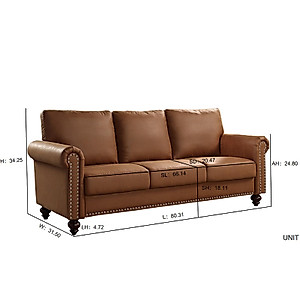 80'' Brown Leather Sofa Couch with Nailhead Trim, Mid Century Modern 3 Seater Couch Comfy Sofa Loveseat Love Seat with Extra Deep Seat and Rolled Arm Couches for Living Room, Bedroom, Office