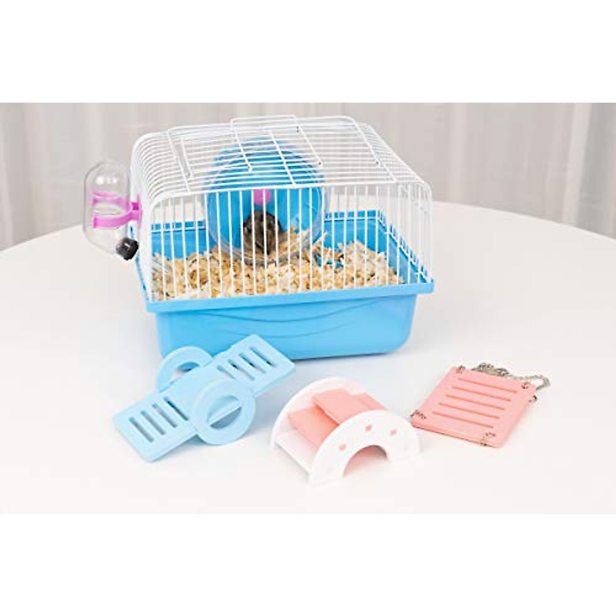 PStarDMoon Portable Hamster Cage with Running Exercise Wheels, Water Bottle, with Rainbow Hamster Toys and Sawdust, for African Miniature Rabbit Chinchilla Squirrel and Other Small Animals (Pink)