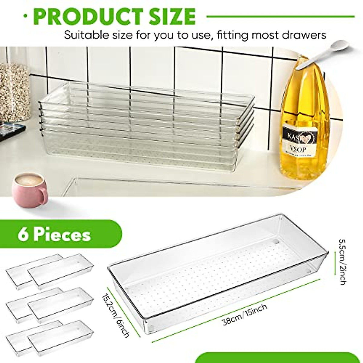 6 Pack Clear Plastic Drawer Organizer Makeup Drawer Organizer 15 x 6 x 2 Inch Long Stackable Drawer Organizers Cutlery Utensil Storage Bins Desk Drawer Organizer Tray for Makeup Kitchen Silverware