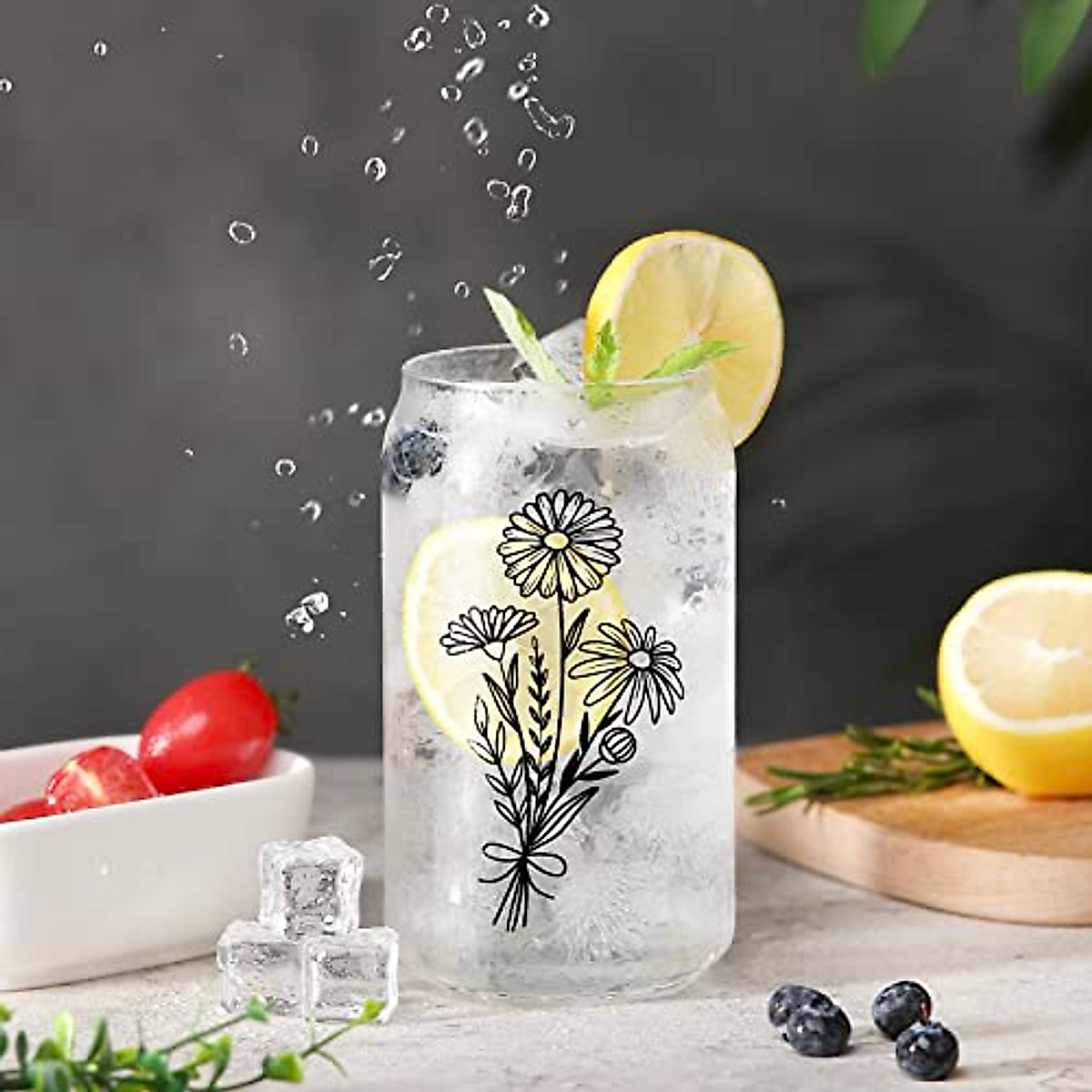 Nefelibata Daisy Iced Coffee Cup Birth Flower Beer Glass Can 16OZ Drinking Cup with Bamboo Lid Metal Straw Cleaning Brush April Birth Flower Spring Floral Decor Birthday Gifts for Mom Mother's Day