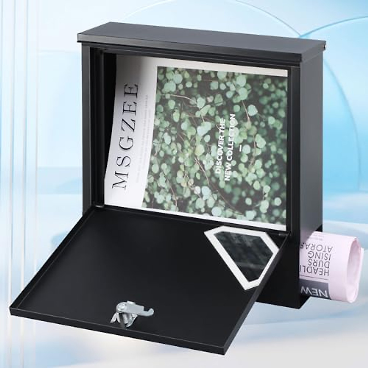 xydled Wall Mounted Mailbox with Lock,Secure Locking Mailbox for Outside, Large Steel Hanging Mailbox Modern Lockable Wall Mailbox for Residential with View Window, 12.8 x 12 x 3.54Inches,Black