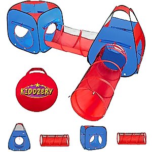 Kiddzery 4pc Kids Play tent Pop Up Ball Pit - 2 Tents + 2 Crawl Tunnels - Children Tent for Boys & Girls, Kids Toddlers & Baby, Large Playhouse For Indoor & Outdoor With Carrying Case, Great Gift Idea