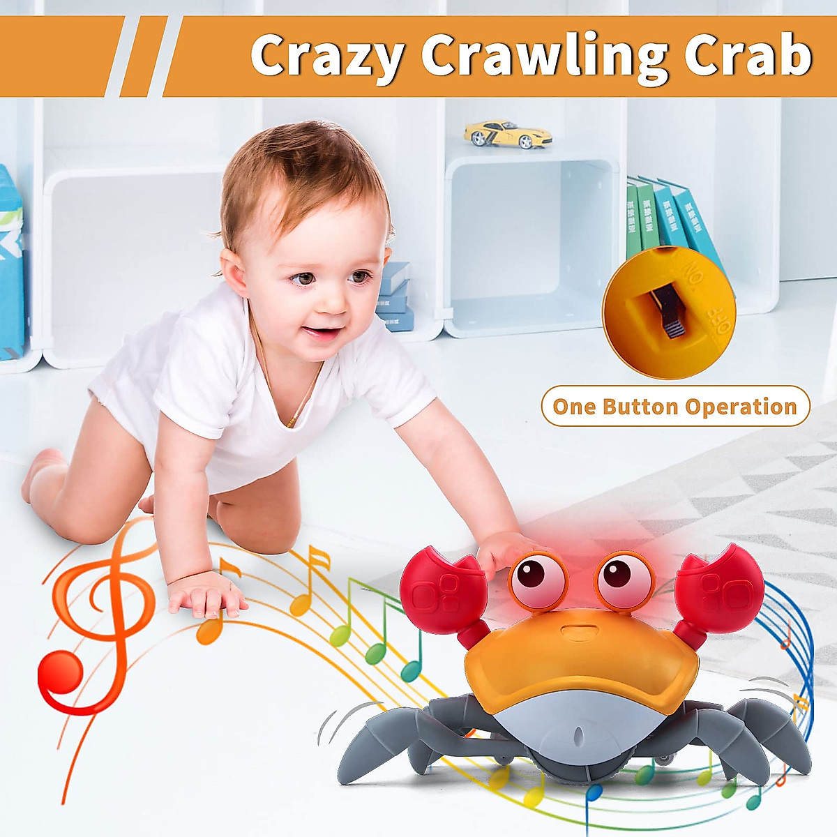 Growinlove Baby Crawling Crab Musical Toy, Toddler Electronic Light Up Crawling Toy with Automatically Avoid Obstacle, Walking Crab Toy for Toddler Babies Boys Girls