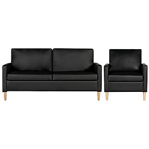AILEEKISS Mid-Century Sectional Sofa Set for Living Room Faux Leather Office 2 Pcs Couch Set with Armrest Modern Upholstered Loveseat Couches (1-Seater+2-Seater, Black)