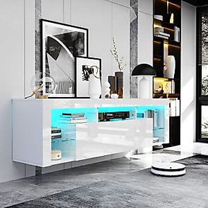 Gitua Floating TV Stand Wall Mounted, High Gloss LED Floating Entertainment Center with Storage&Adjustable Glass Shelf, TV Stand for 65 Inch TV, Gaming Media Center Console Table with Lights, White