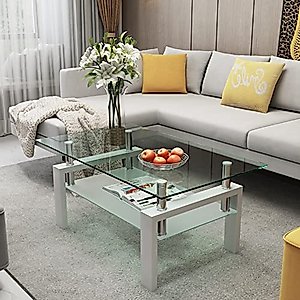IANIYA Coffee Table with Metal Tube Legs, Glass and Rectangle End Table for Livingroom (White)
