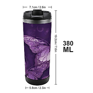 GHBNK Travel Coffee Mug Stainless Steel Insulated Coffee Mug Purple Butterflies Double Wall Travel Coffee Cup Reusable Insulated Tumbler with Lid for Iced And Hot Drinks