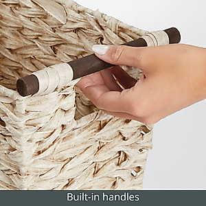 mDesign Small Woven Basket Trash Can Wastebasket - Rectangular Garbage Container Bin with Wood Handles for Bathrooms, Kitchens, Home Offices, Craft, Laundry, Utility Rooms - Natural/Dark Brown