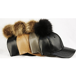 Faux Leather Five Panel Pom Pom Baseball Cap ,Black/Black,One Size
