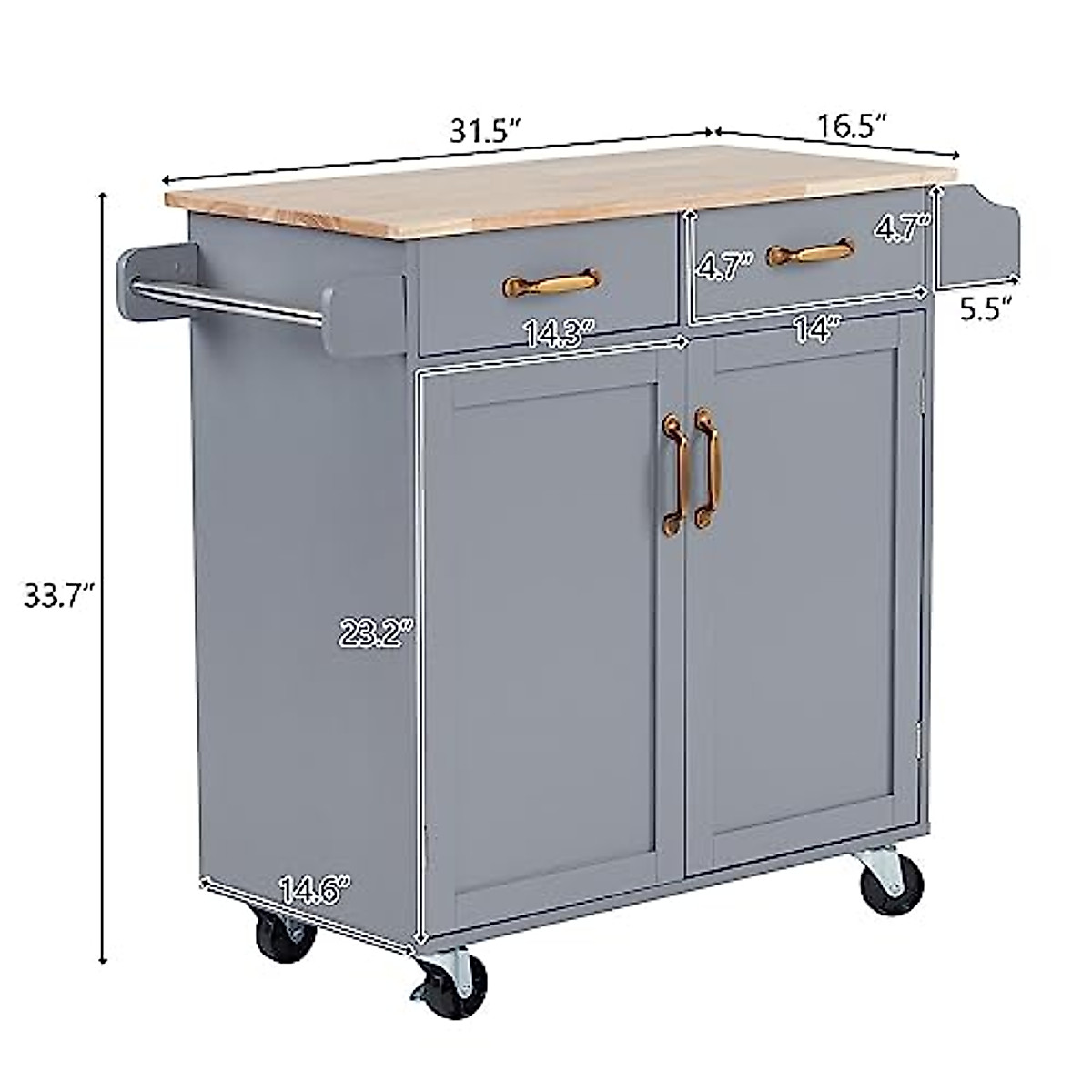 APDYNE Two Door Two Roll Out Kitchen Cart and Storage Cabinet, Rubber Wood Gray Paint Dining Car 99.5 * 40 * 85.5cm, Towel Rack, Adjustable Rack, and Lockable Wheels